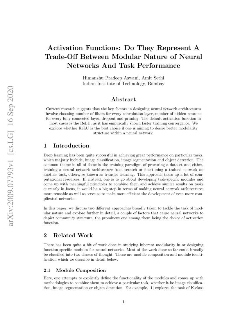 Activation Functions: Do They Represent A Trade-Off Between Modular Nature of Neural Networks ...