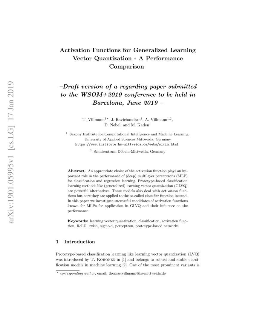 Activation Functions For Generalized Learning Vector Quantization A
