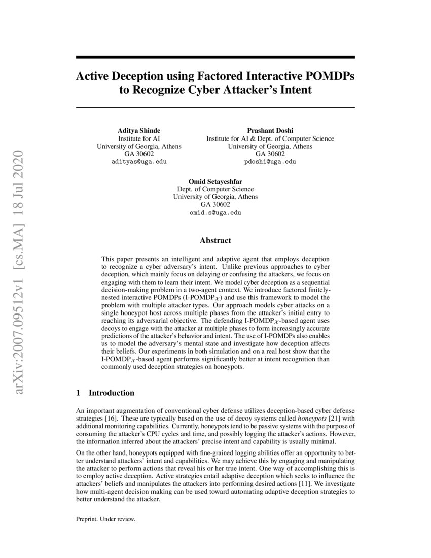 Active Deception Using Factored Interactive Pomdps To Recognize Cyber