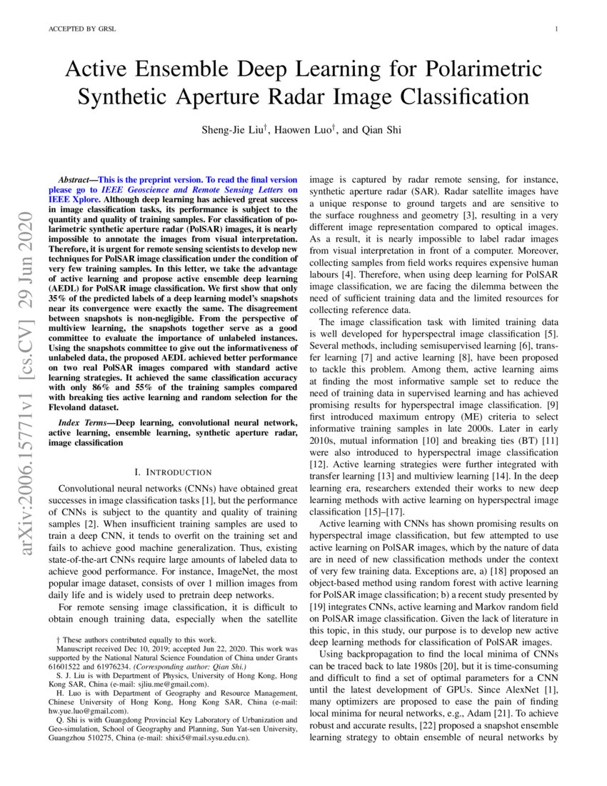 Active Ensemble Deep Learning for Polarimetric Synthetic Aperture Radar Image Classification ...