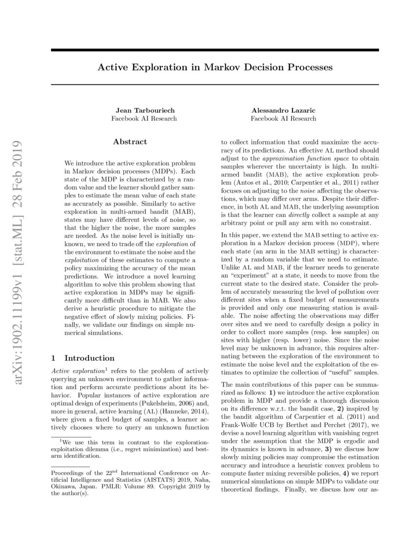 Active Exploration in Markov Decision Processes | DeepAI