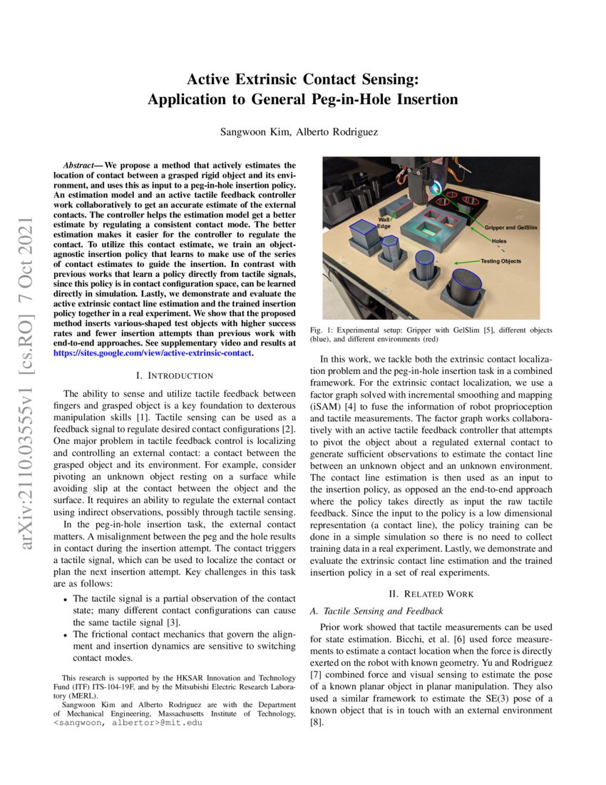 Active Extrinsic Contact Sensing Application To General Peg In Hole Insertion Deepai