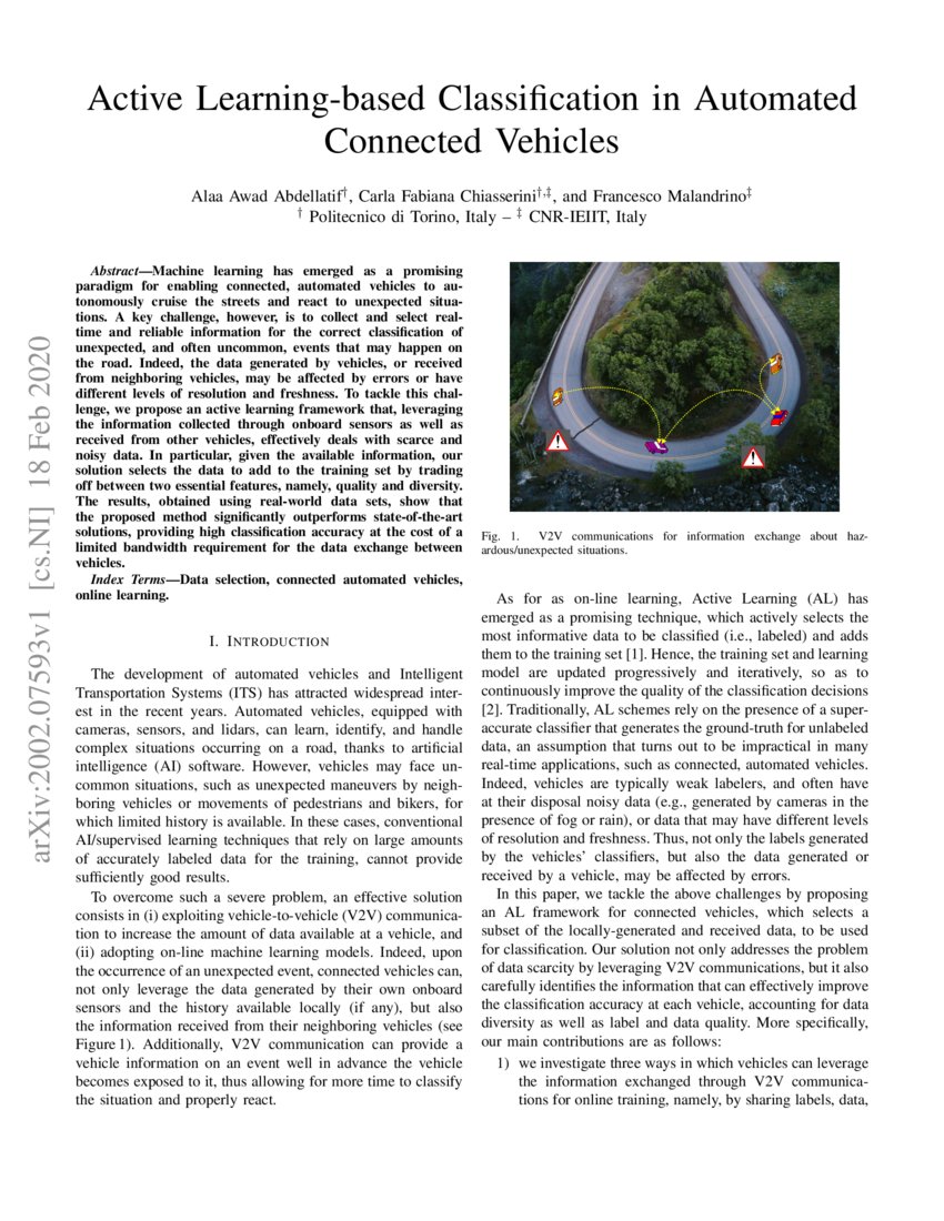 Active Learning Based Classification In Automated Connected Vehicles