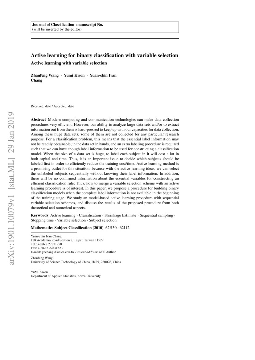 Active Learning For Binary Classification With Variable Selection Deepai