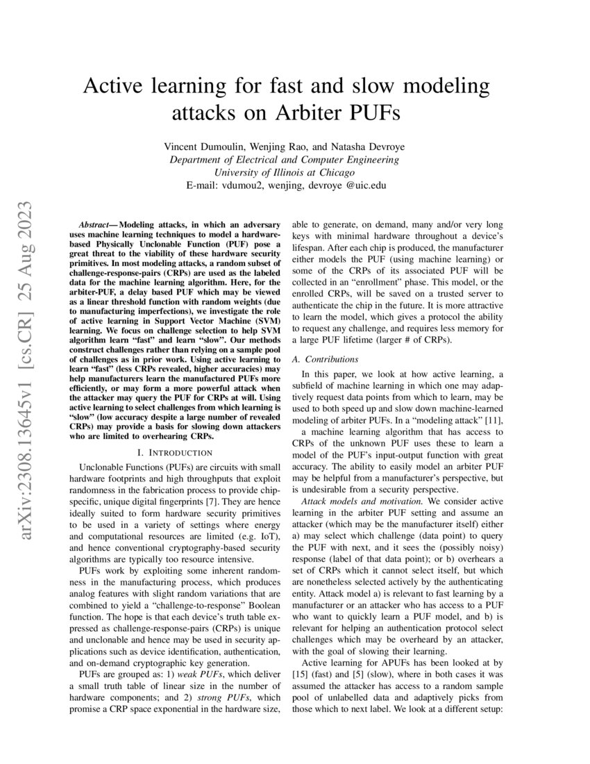 Active learning for fast and slow modeling attacks on Arbiter PUFs | DeepAI