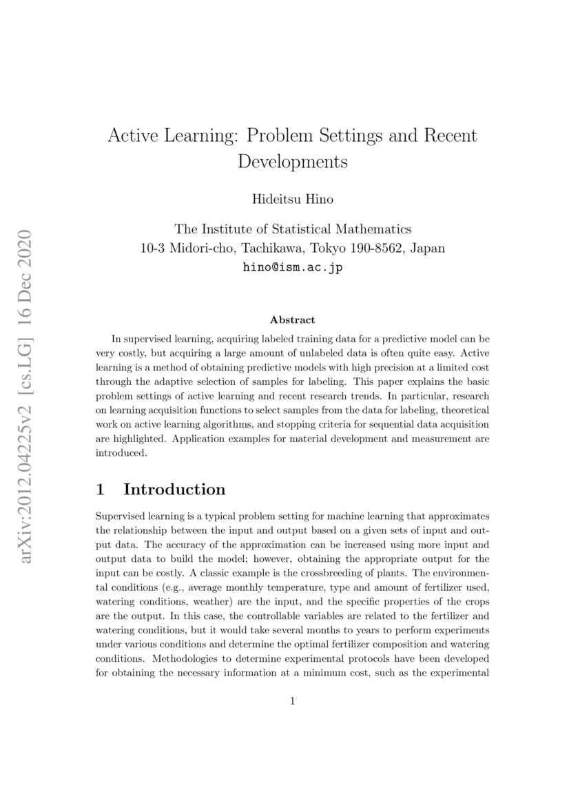 Active Learning: Problem Settings and Recent Developments | DeepAI