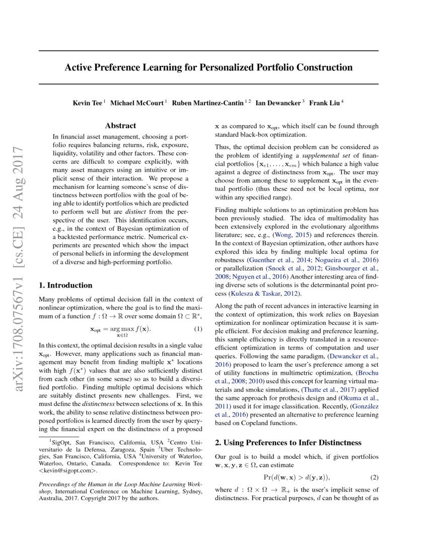 Active Preference Learning for Personalized Portfolio Construction | DeepAI