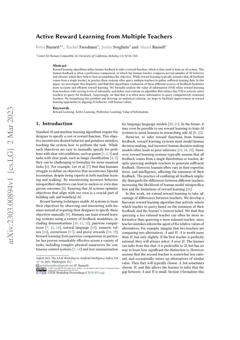 Active Reward Learning from Multiple Teachers | DeepAI