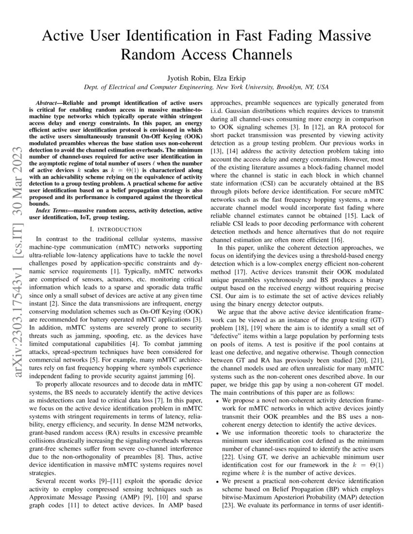 Active User Identification in Fast Fading Massive Random Access ... Active User Identification in Fast Fading Massive Random Access ...