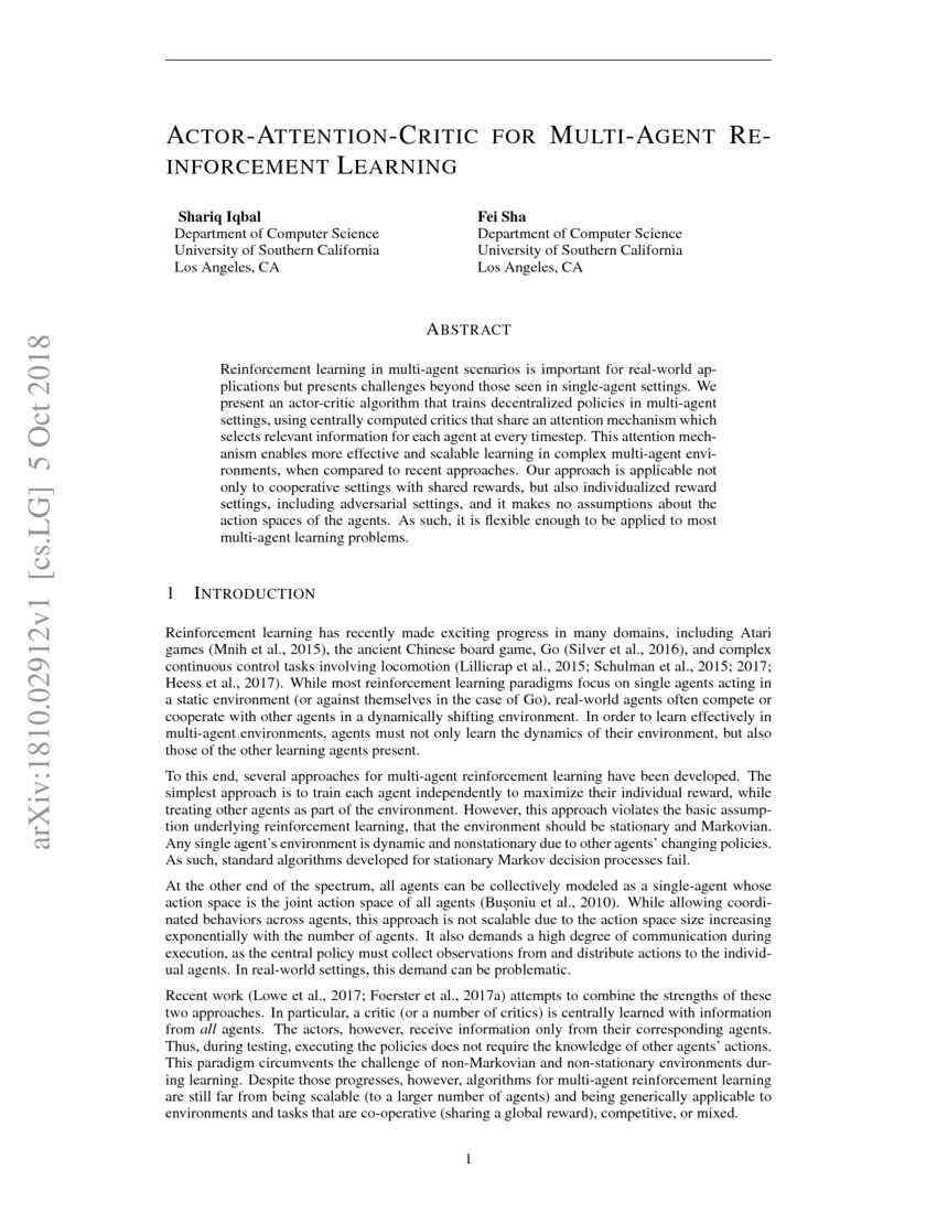 Actor Attention Critic For Multi Agent Reinforcement Learning Deepai