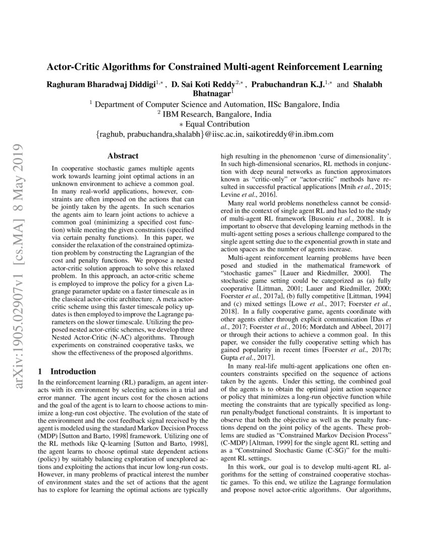 Actor Critic Algorithms For Constrained Multi Agent Reinforcement
