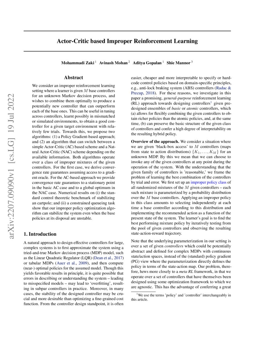 Actor-Critic based Improper Reinforcement Learning | DeepAI