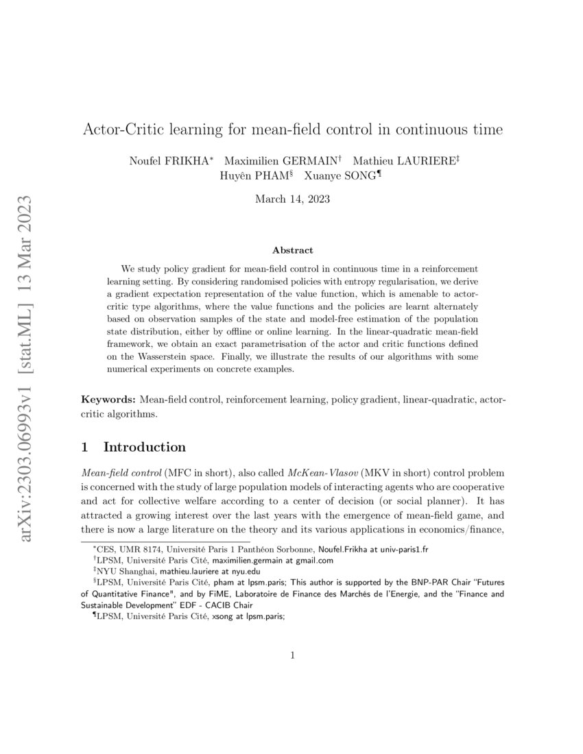 Actor Critic Learning For Mean Field Control In Continuous Time Deepai