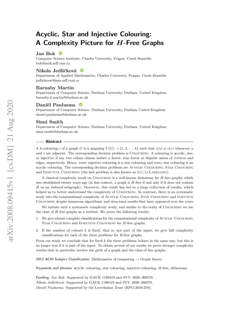 Acyclic, Star and Injective Colouring: A Complexity Picture for H-Free ...