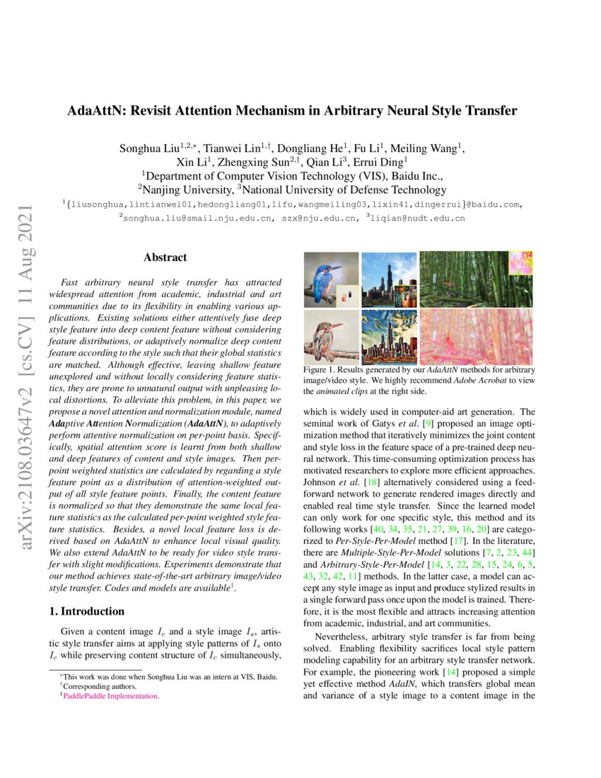 AdaAttN: Revisit Attention Mechanism in Arbitrary Neural Style Transfer | DeepAI