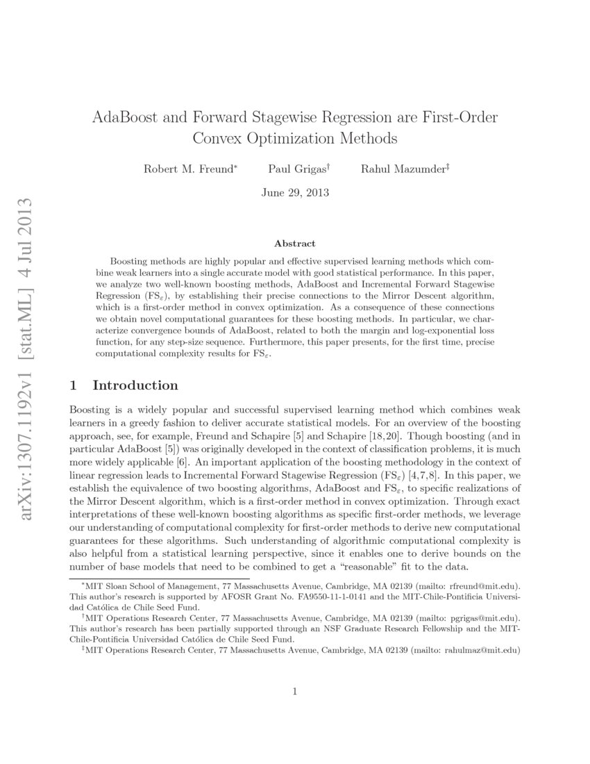 Adaboost And Forward Stagewise Regression Are First Order Convex Optimization Methods Deepai 