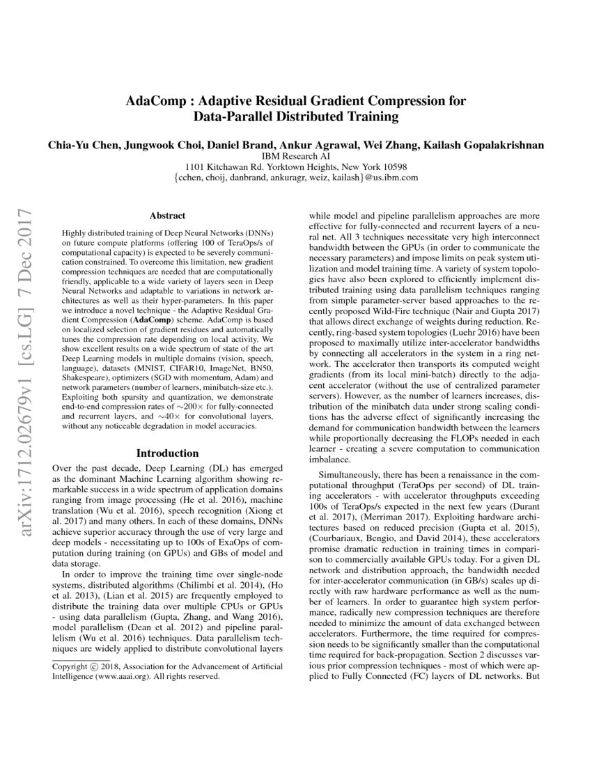 Adacomp Adaptive Residual Gradient Compression For Data Parallel Distributed Training Deepai