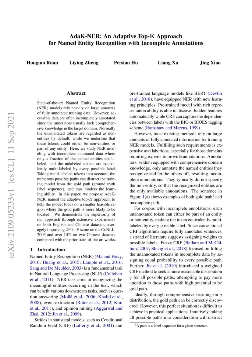 AdaK-NER: An Adaptive Top-K Approach for Named Entity Recognition with Incomplete Annotations ...