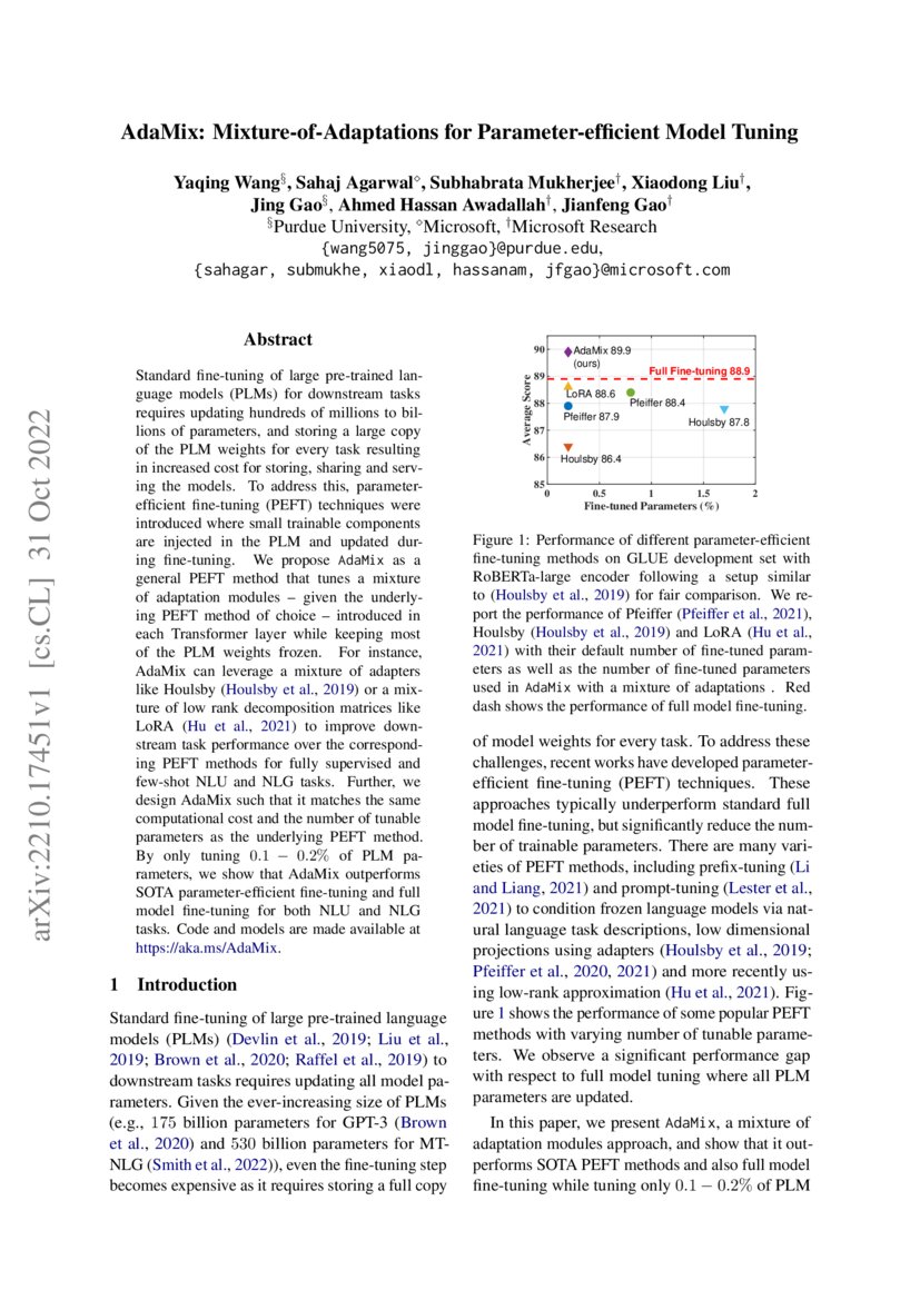 AdaMix: Mixture-of-Adaptations for Parameter-efficient Model Tuning | DeepAI