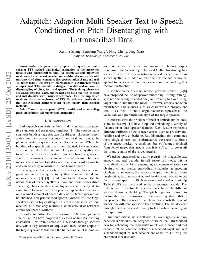 Adapitch: Adaption Multi-Speaker Text-to-Speech Conditioned on Pitch Disentangling with ...