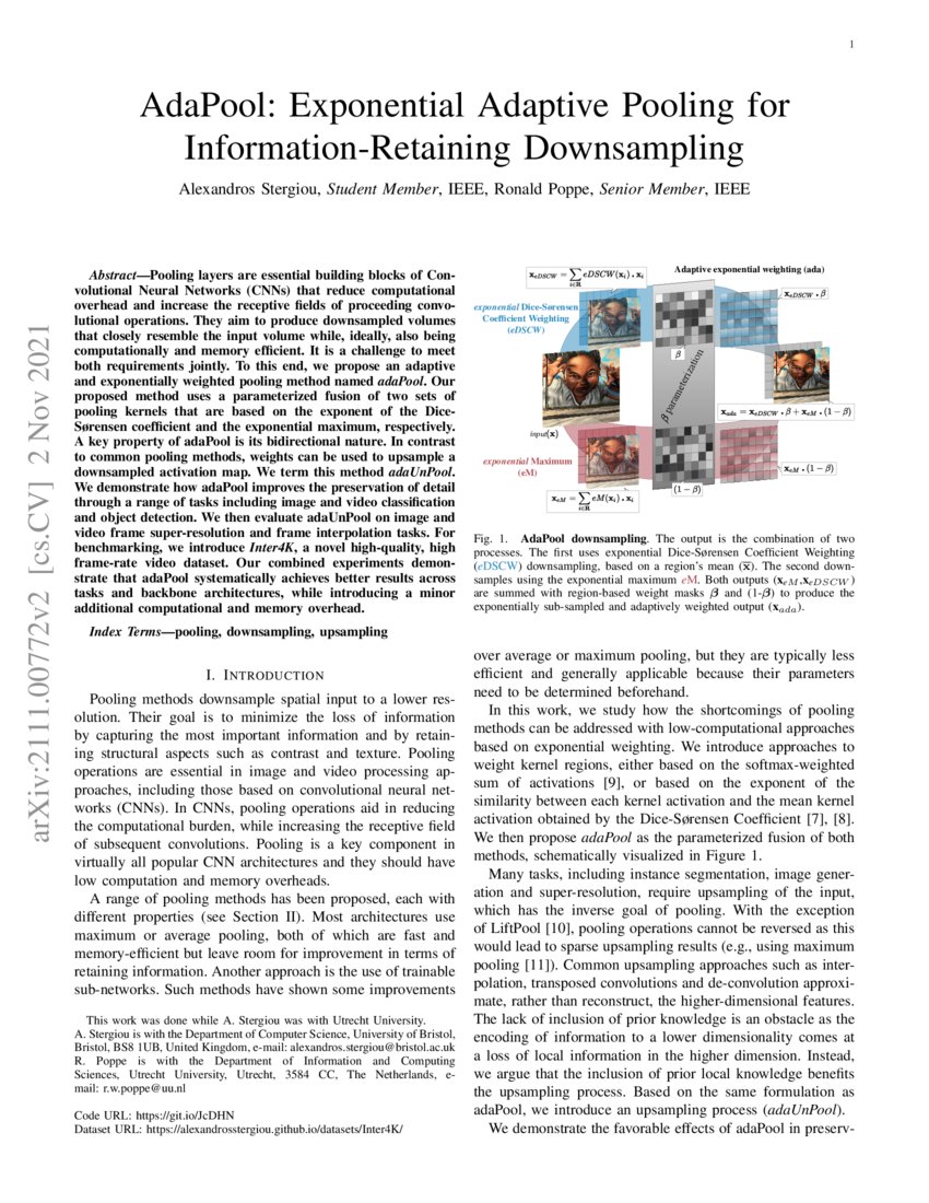 AdaPool: Exponential Adaptive Pooling for Information-Retaining Downsampling | DeepAI