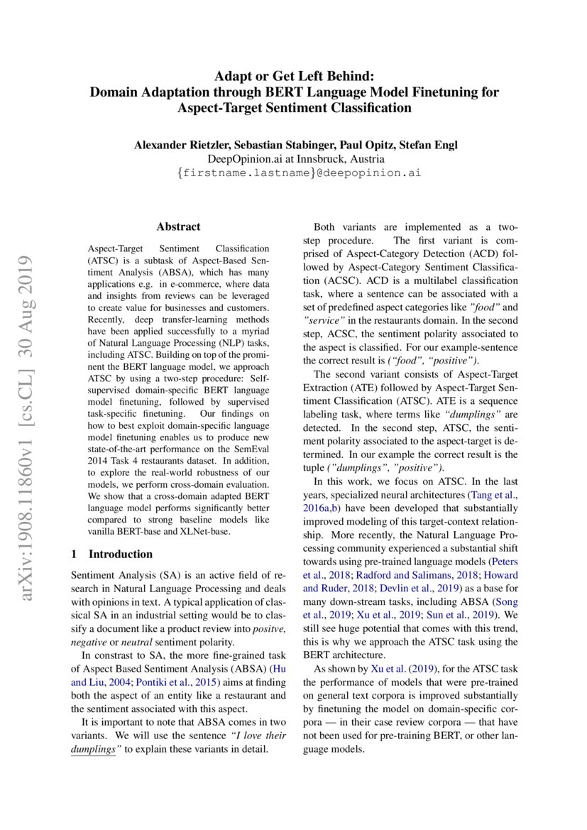 Adapt Or Get Left Behind Domain Adaptation Through Bert Language Model Finetuning For Aspect