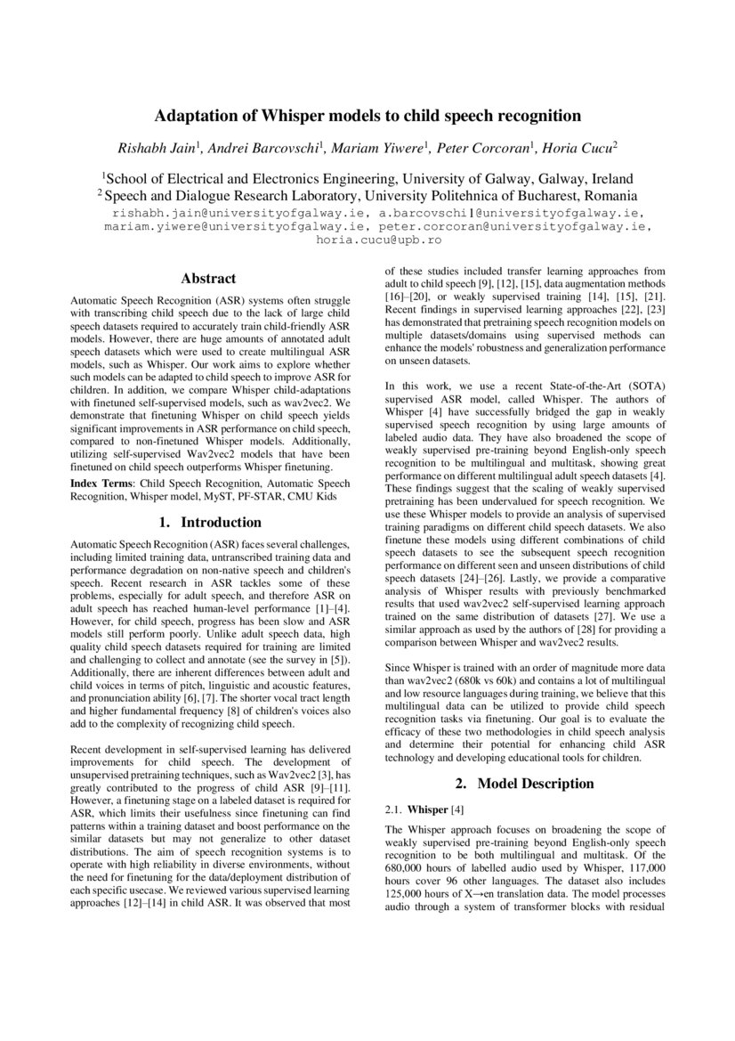 Adaptation of Whisper models to child speech recognition | DeepAI