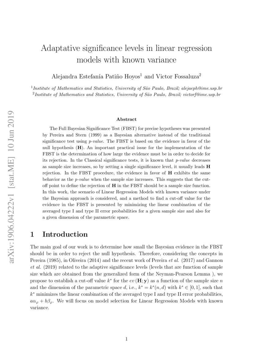 Adaptative significance levels in linear regression models with known ...