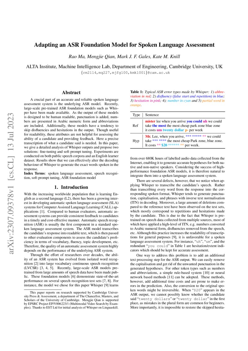 Adapting an ASR Foundation Model for Spoken Language Assessment | DeepAI