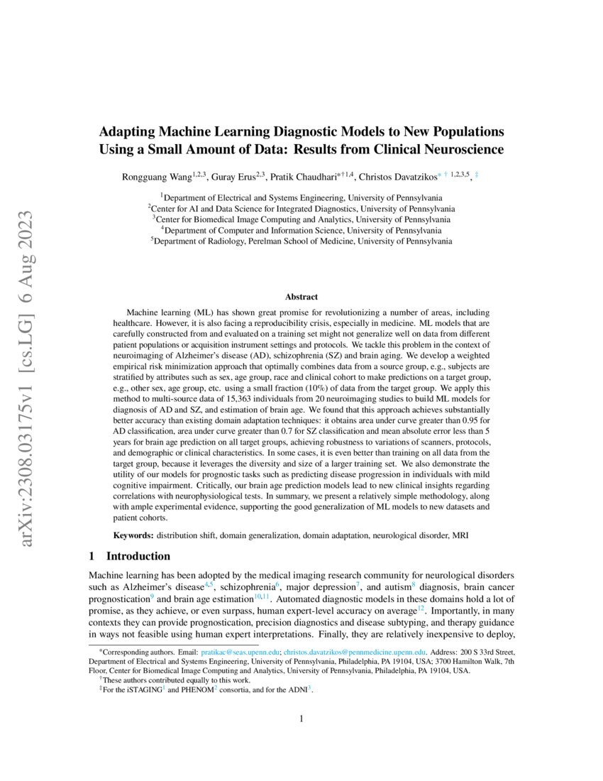 Adapting Machine Learning Diagnostic Models to New Populations Using a Small Amount of Data ...