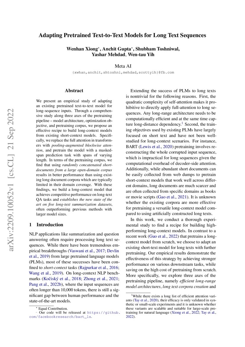 Adapting Pretrained Text-to-Text Models for Long Text Sequences | DeepAI