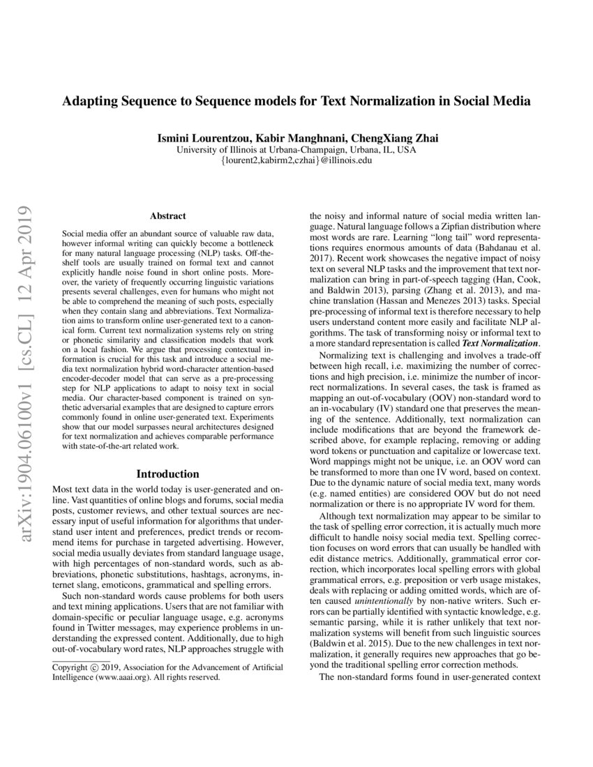 Adapting Sequence To Sequence Models For Text Normalization In Social Media Deepai 