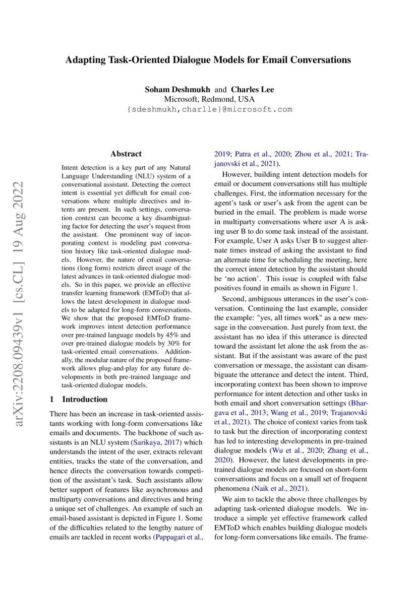 Adapting Task-Oriented Dialogue Models for Email Conversations | DeepAI Adapting Task-Oriented Dialogue Models for Email Conversations | DeepAI