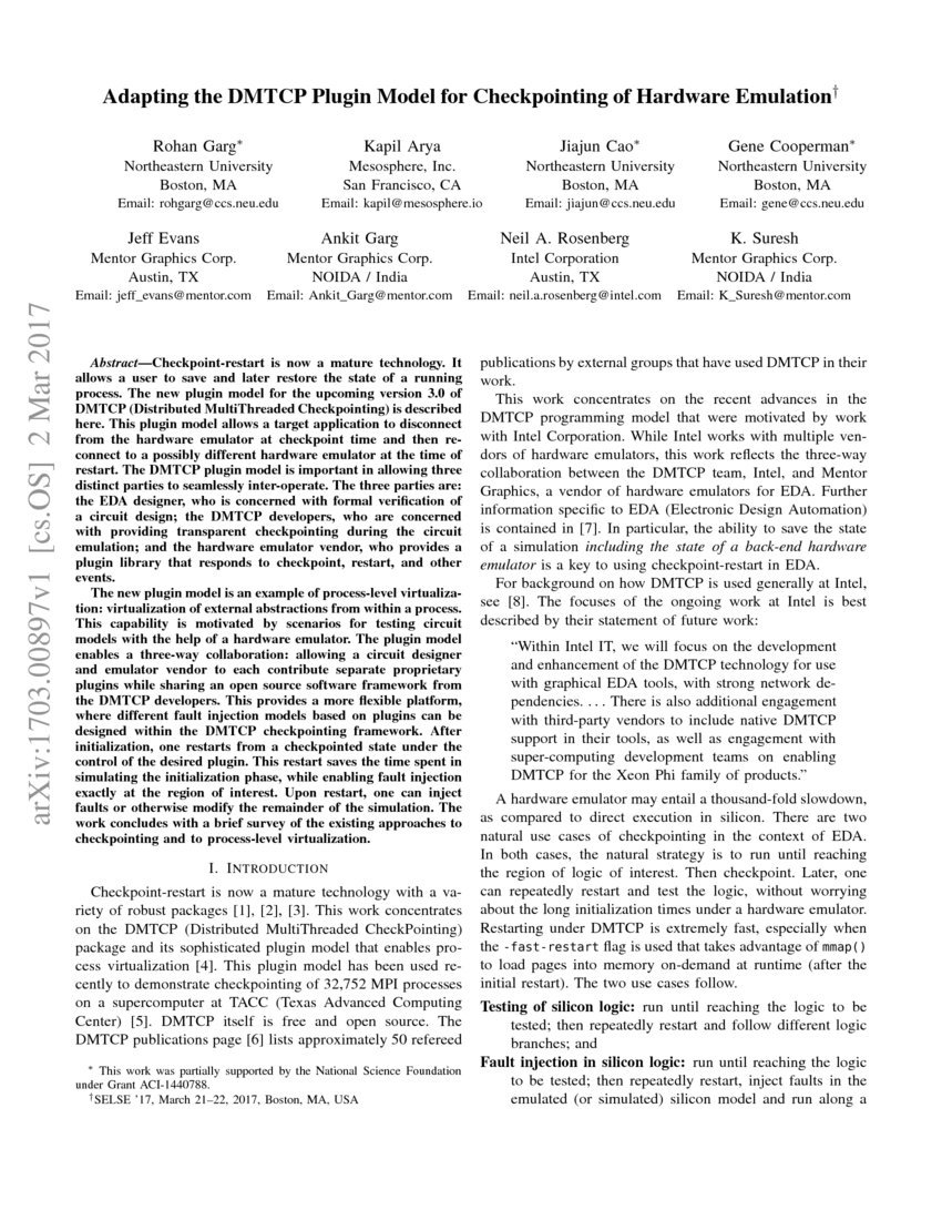 Adapting the DMTCP Plugin Model for Checkpointing of Hardware Emulation | DeepAI