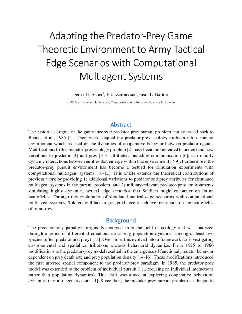 Adapting the Predator-Prey Game Theoretic Environment to Army Tactical ...