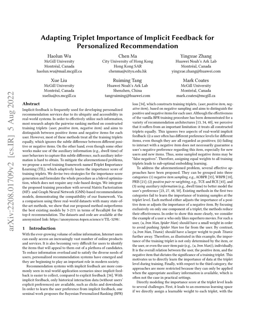 Adapting Triplet Importance of Implicit Feedback for Personalized Recommendation | DeepAI