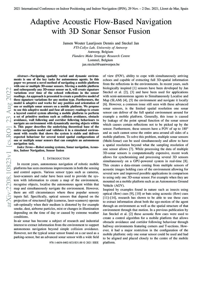 Adaptive Acoustic Flow Based Navigation With 3d Sonar Sensor Fusion Deepai