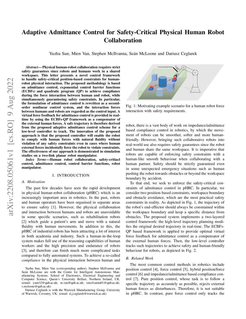 Adaptive Admittance Control For Safety Critical Physical Human Robot Collaboration Deepai