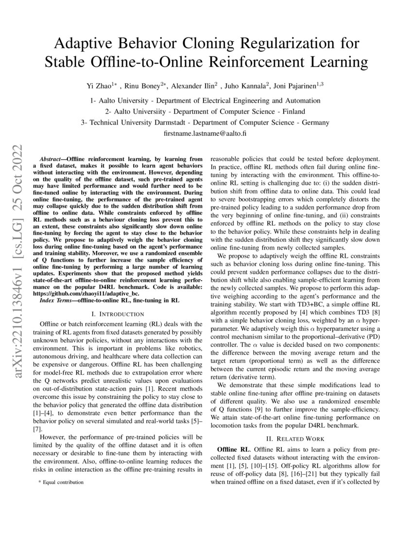 Adaptive Behavior Cloning Regularization for Stable Offline-to-Online Reinforcement Learning ...