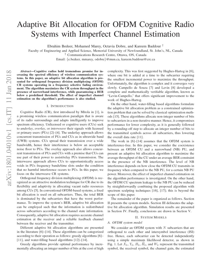 Adaptive Bit Allocation For Ofdm Cognitive Radio Systems With Imperfect
