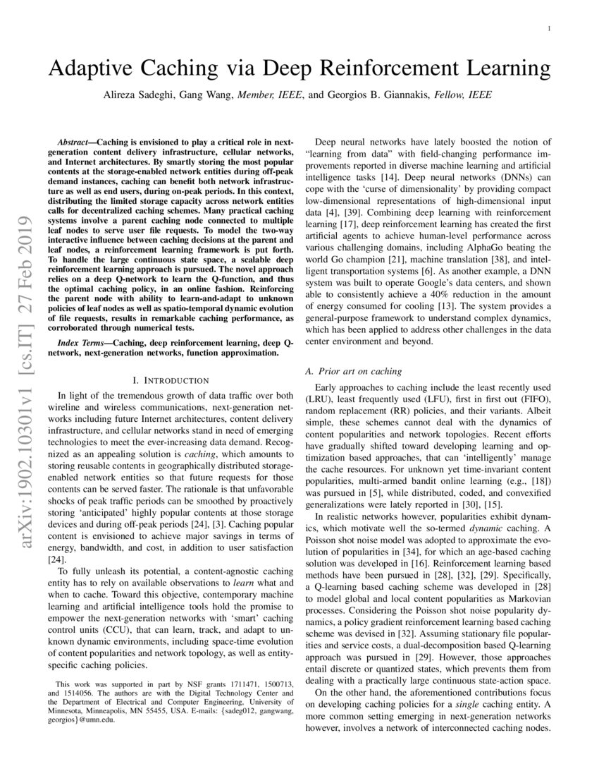 Adaptive Caching Via Deep Reinforcement Learning Deepai