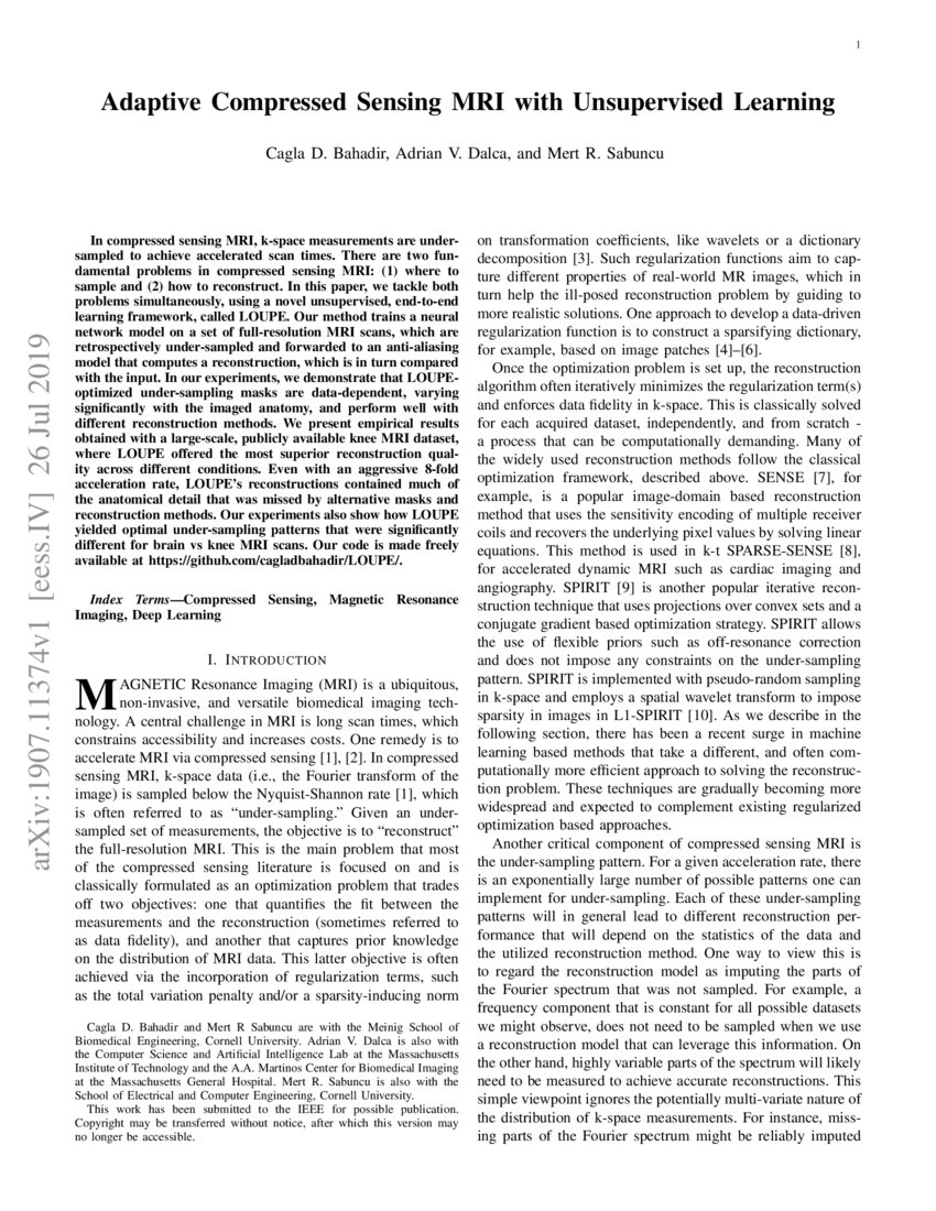 Adaptive Compressed Sensing MRI with Unsupervised Learning | DeepAI