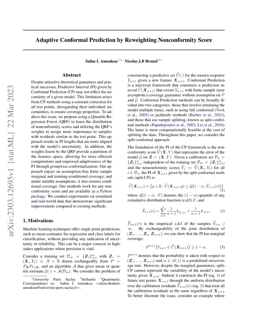 Adaptive Conformal Prediction by Reweighting Nonconformity Score | DeepAI