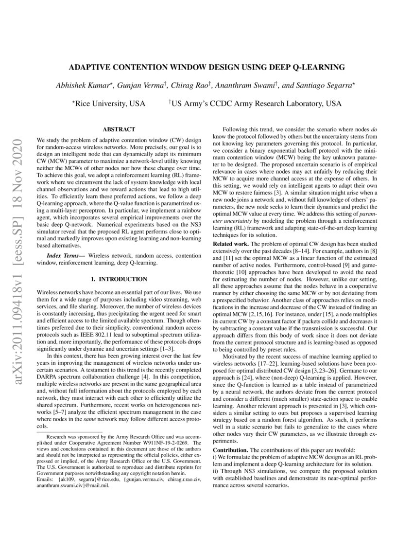 Adaptive Contention Window Design using Deep Q-learning | DeepAI