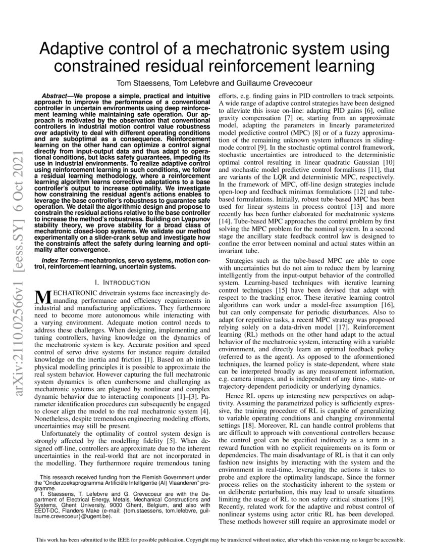 Adaptive control of a mechatronic system using constrained residual reinforcement learning | DeepAI