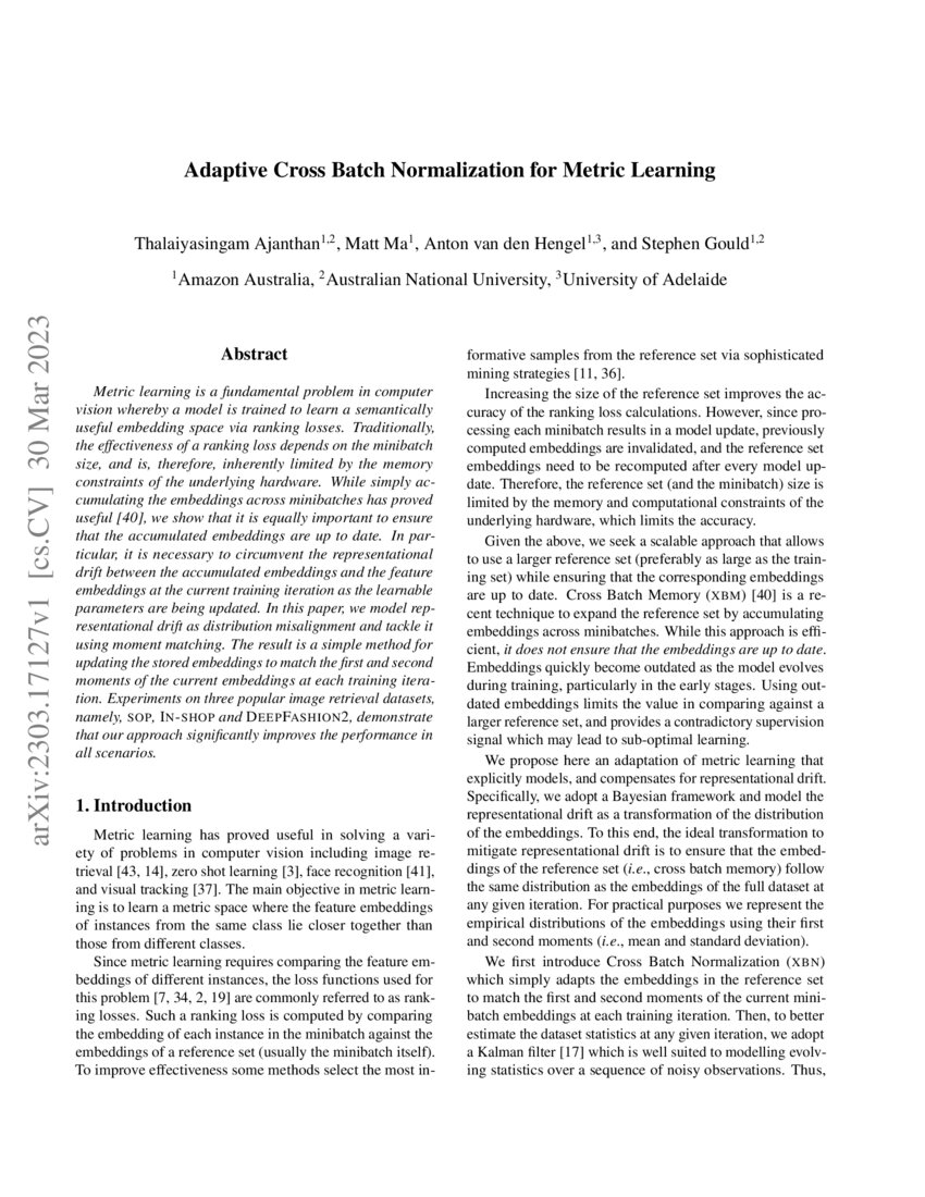Adaptive Cross Batch Normalization for Metric Learning | DeepAI