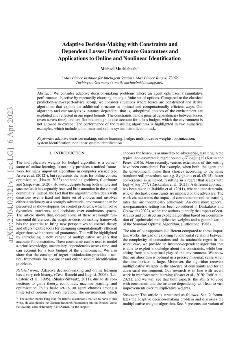 Adaptive Decision-Making with Constraints and Dependent Losses: Performance Guarantees and ...