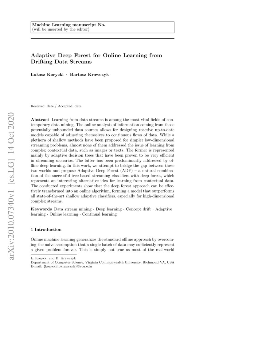 Adaptive Deep Forest for Online Learning from Drifting Data Streams | DeepAI
