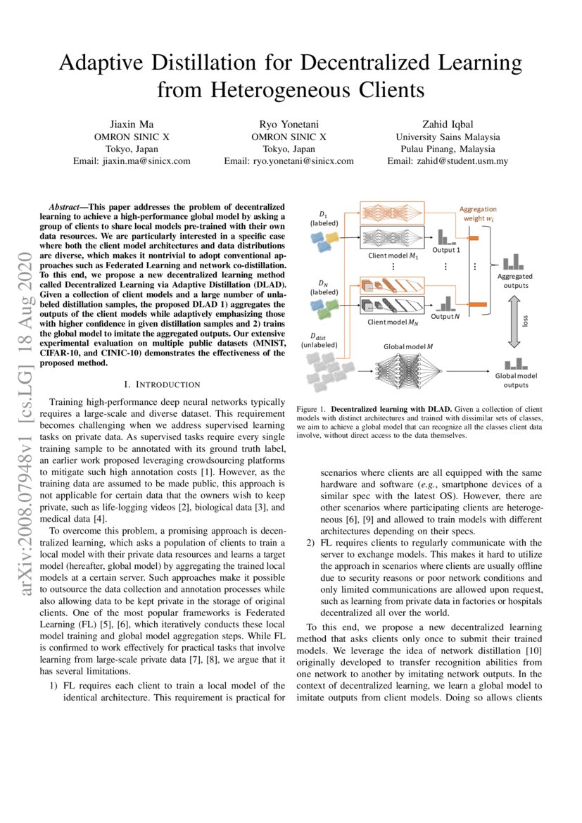 Adaptive Distillation for Decentralized Learning from Heterogeneous Clients | DeepAI