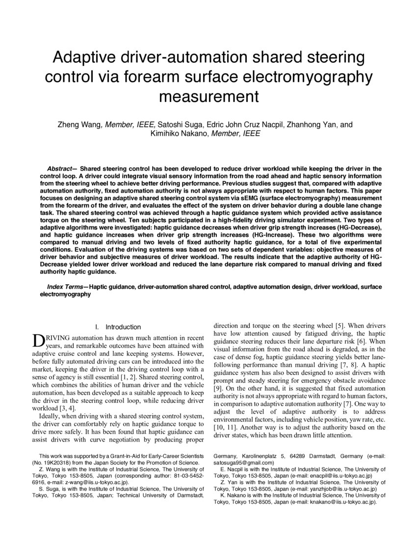 Adaptive driver-automation shared steering control via forearm surface ...